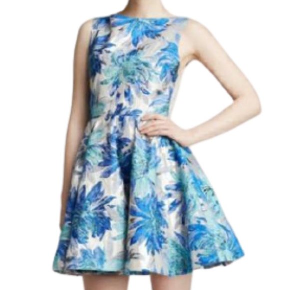 Alice + Olivia | Dresses | Alice Olivia Blue Floral Jacquard Foss Dress ...